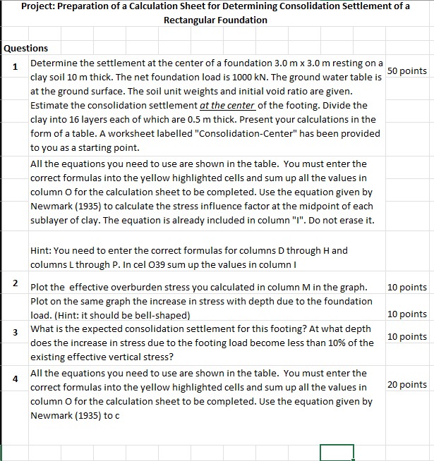 Project: Preparation of a Calculation Sheet for | Chegg.com