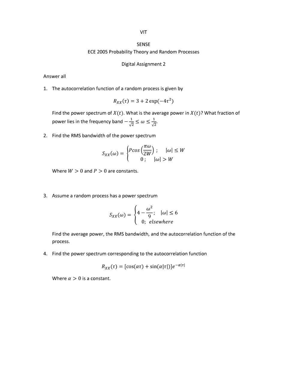 Solved VIT SENSE ECE 2005 Probability Theory and Random | Chegg.com