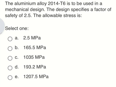 Solved The aluminium alloy 2014−T6 is to be used in a | Chegg.com