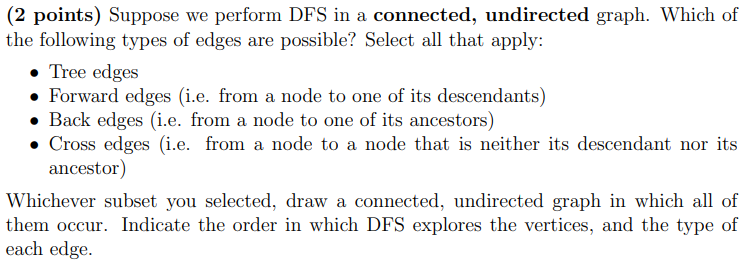 Solved (2 points) Suppose we perform DFS in a connected, | Chegg.com