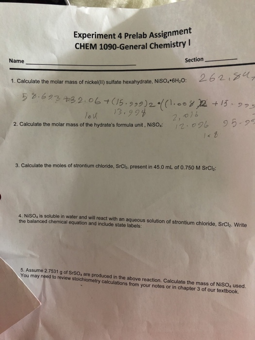 Solved Experiment 4 Prelab Assignment CHEM 1090-General | Chegg.com