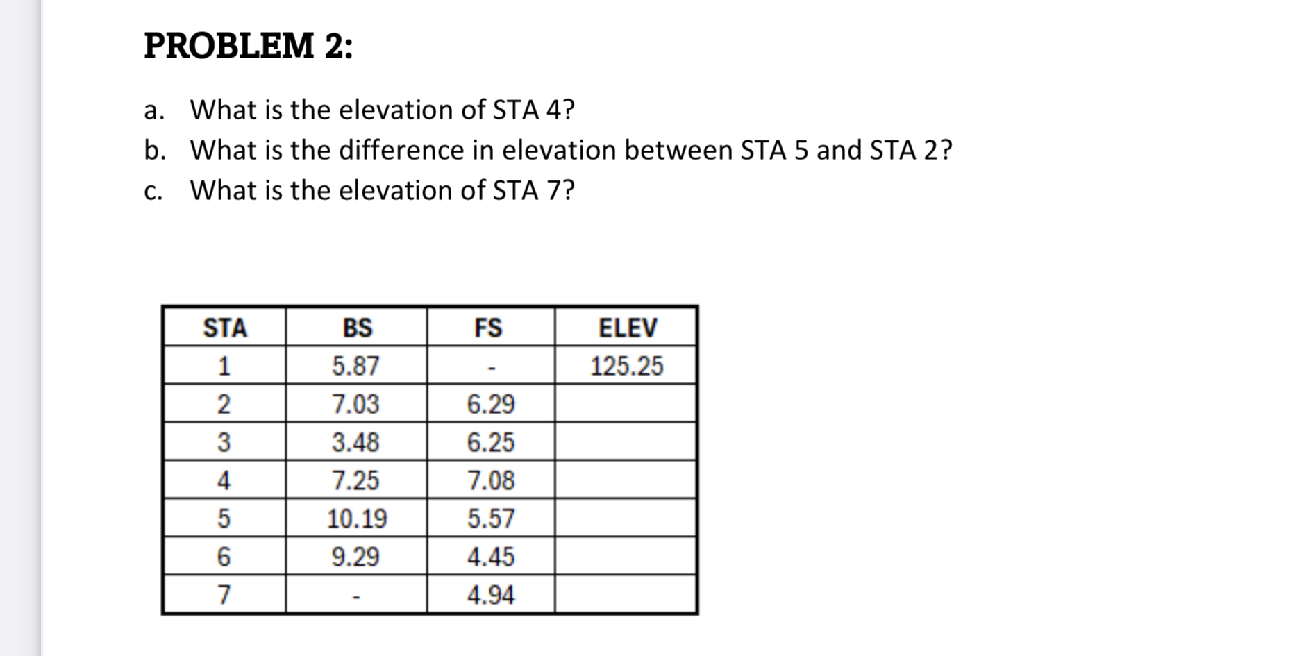 Solved PROBLEM 2:a. ﻿What is the elevation of STA 4?b. ﻿What | Chegg.com