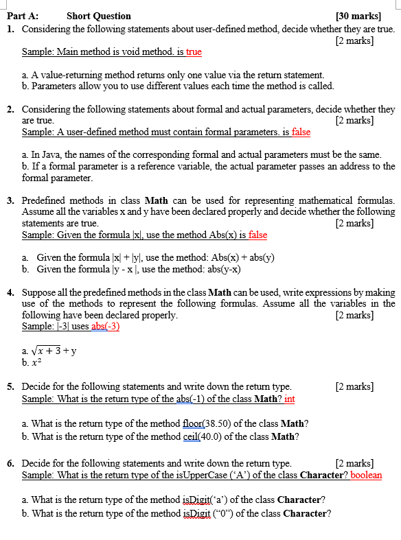 Solved Part A: Short Question [30 marks] 1. Considering the | Chegg.com