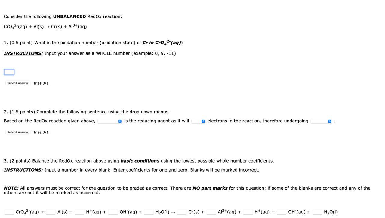 Solved Consider the following UNBALANCED Redox reaction: | Chegg.com