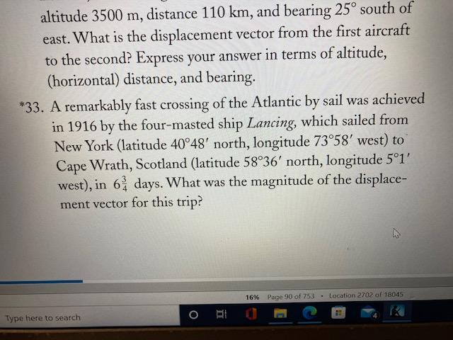 Solved altitude 3500 m, distance 110 km, and bearing 25° | Chegg.com
