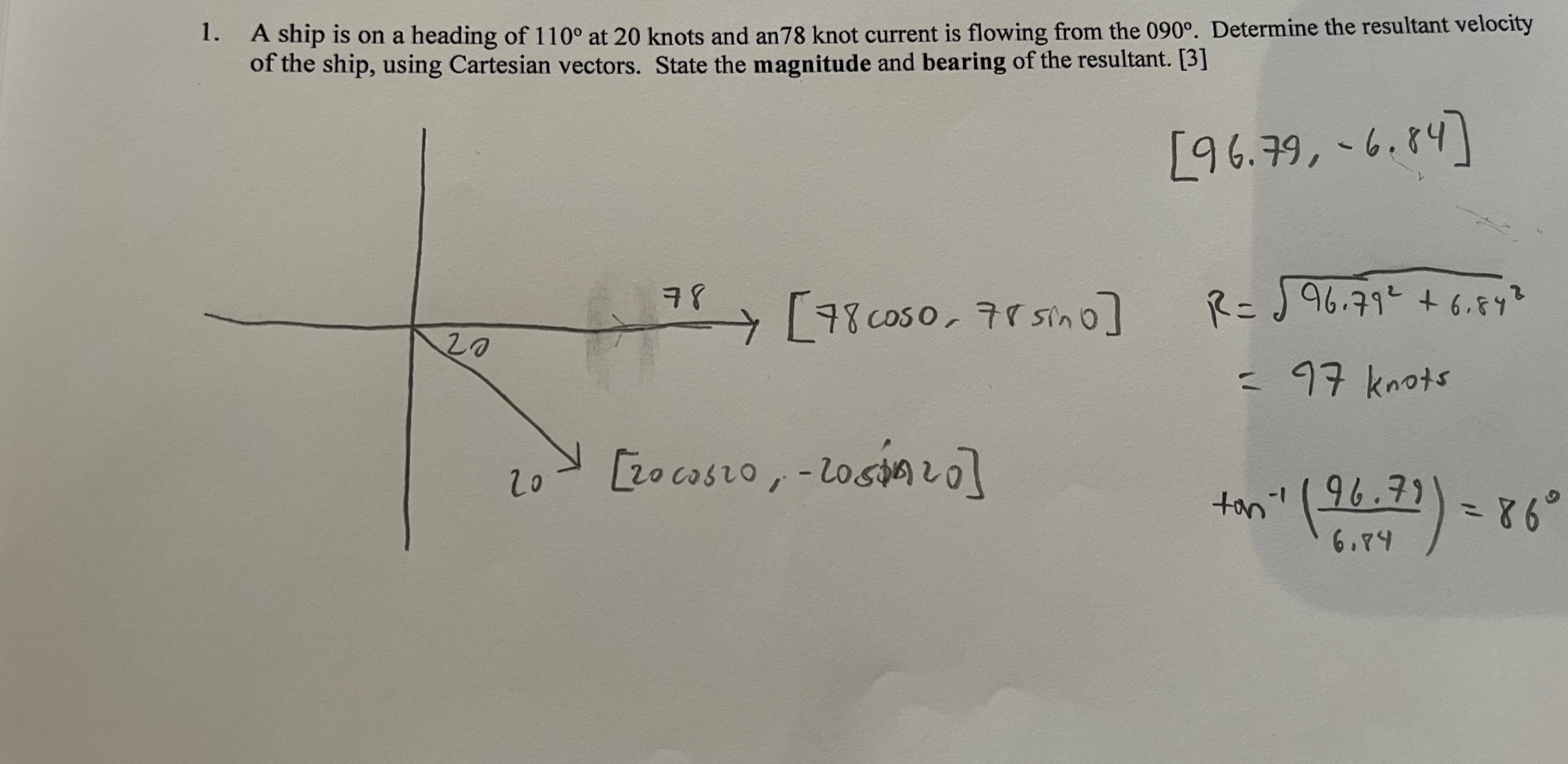 Solved 1. A ship is on a heading of 110∘ at 20 knots and an | Chegg.com