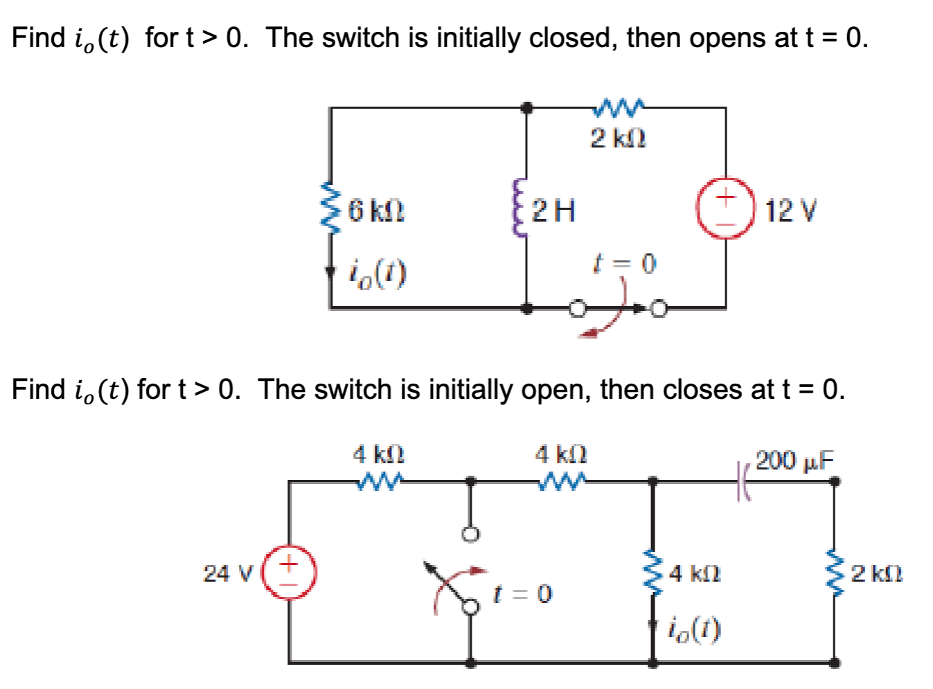 Solved Find io(t) for t>0. The switch is initially closed, | Chegg.com