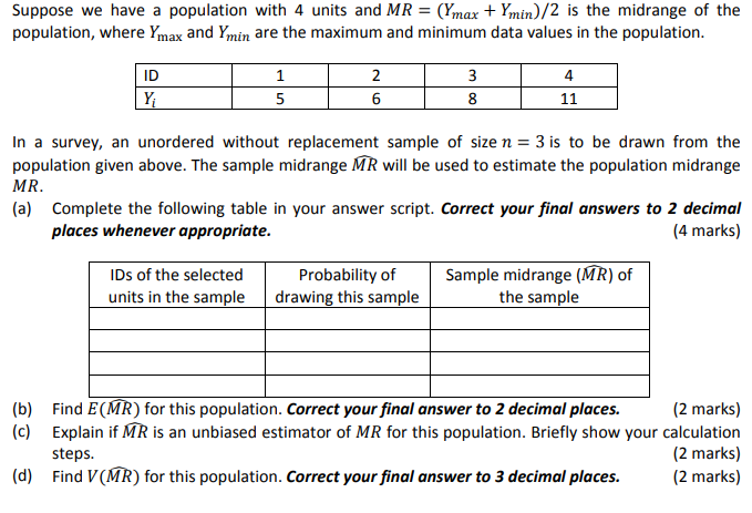 Suppose we have a population with 4 units and MR = | Chegg.com