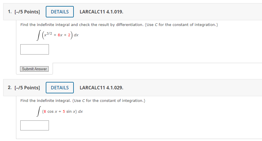 Solved 1. [-/5 Points] DETAILS LARCALC11 4.1.019. Find the | Chegg.com