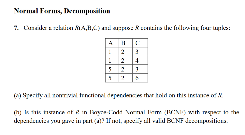 Solved Normal Forms, Decomposition 7. Consider a relation | Chegg.com