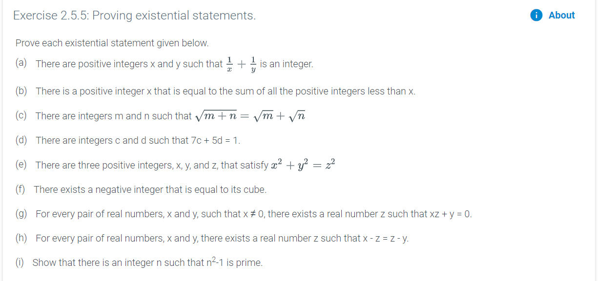 Solved Exercise 2.5.5: Proving existential statements. i | Chegg.com Solved Exercise 2.5.5: Proving existential statements. i | Chegg.com