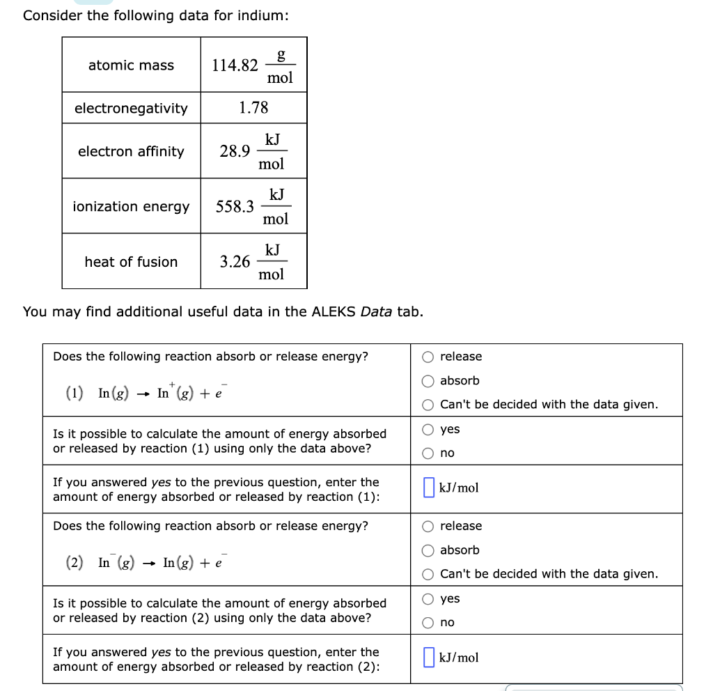 Solved Consider the following data for indium: atomic mass | Chegg.com