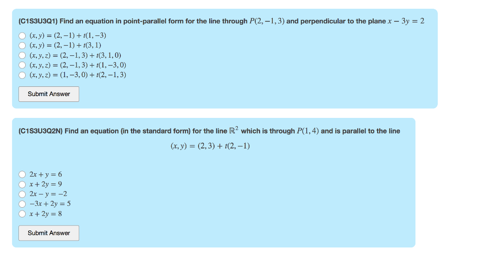 Solved (C1S3U3Q1) Find an equation in point-parallel form | Chegg.com