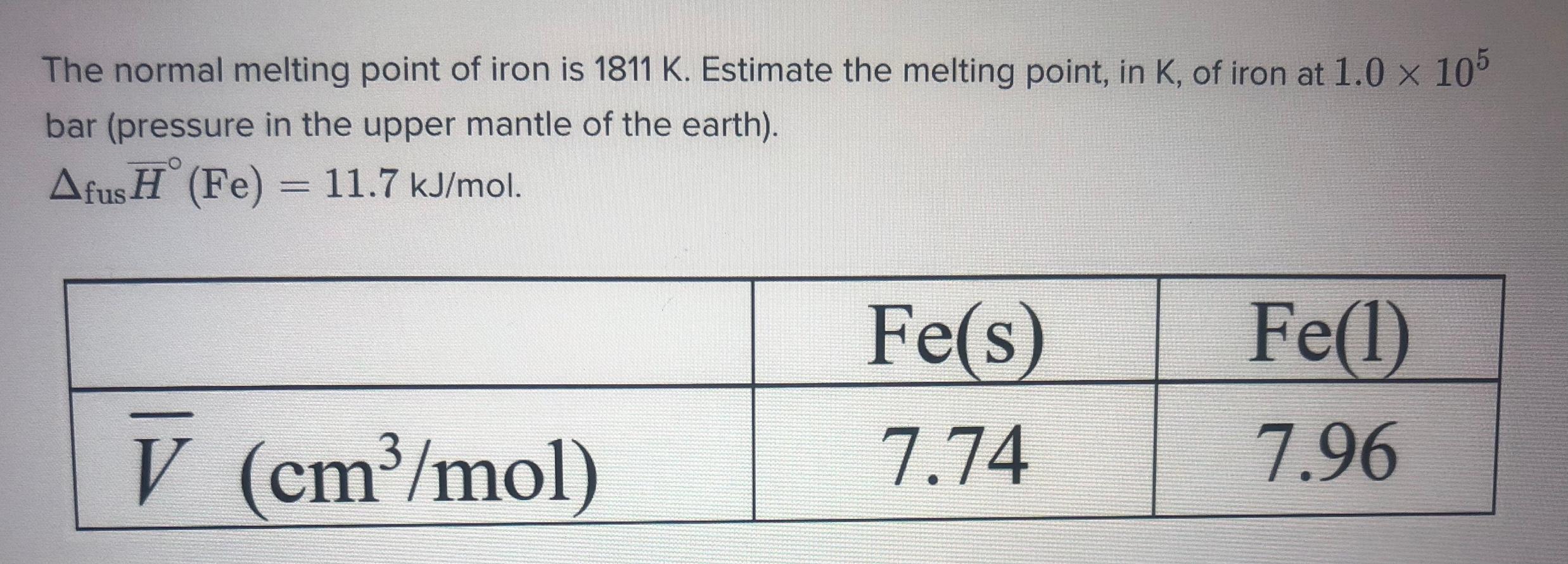 Solved The normal melting point of iron is 1811 K. Estimate | Chegg.com