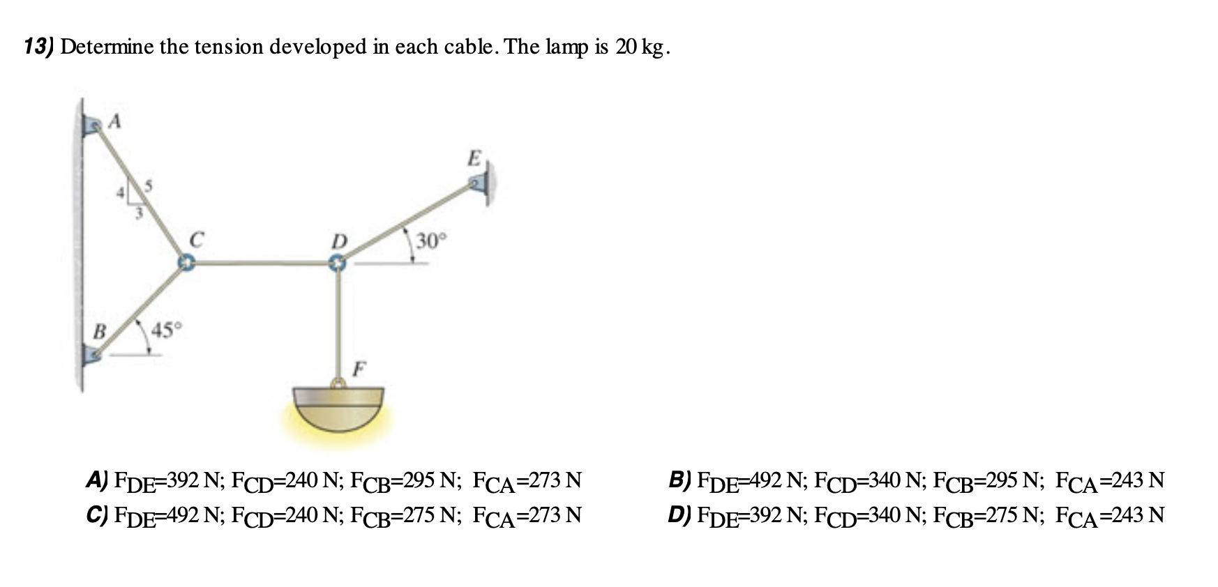 Solved 13) Determine the tension developed in each cable. | Chegg.com