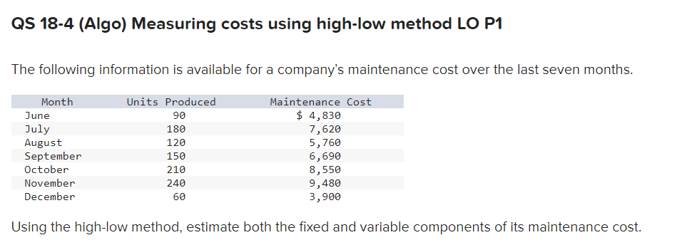 Solved QS 18-4 (Algo) Measuring costs using high-low method | Chegg.com