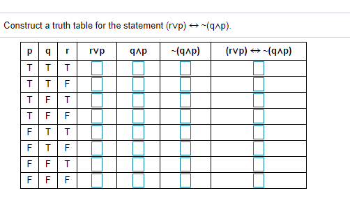 Solved Construct a truth table for the statement (rvp) | Chegg.com