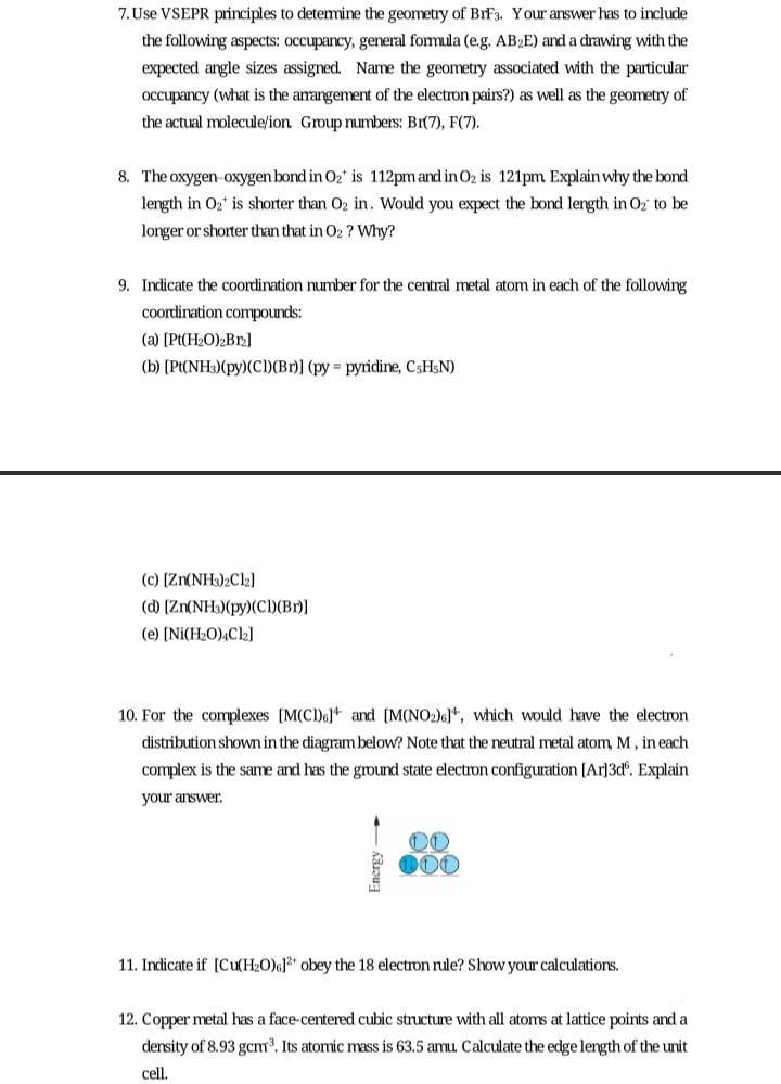 Solved 7. Use VSEPR principles to determine the geometry of | Chegg.com