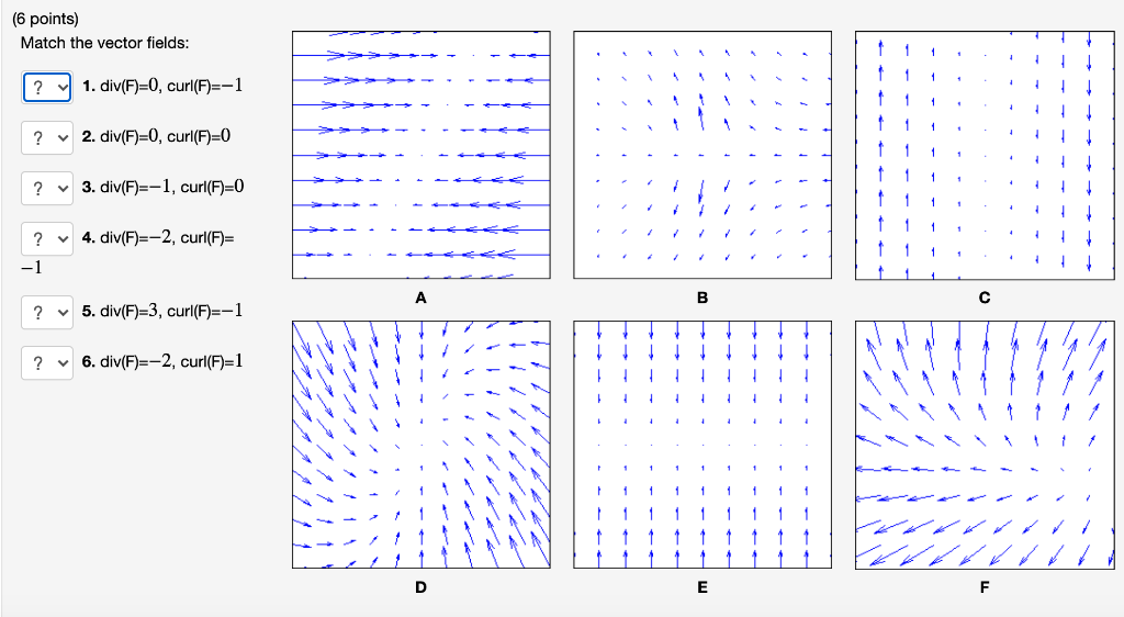 Solved (6 points) Match the vector fields: ? 1. div(F)=0, | Chegg.com