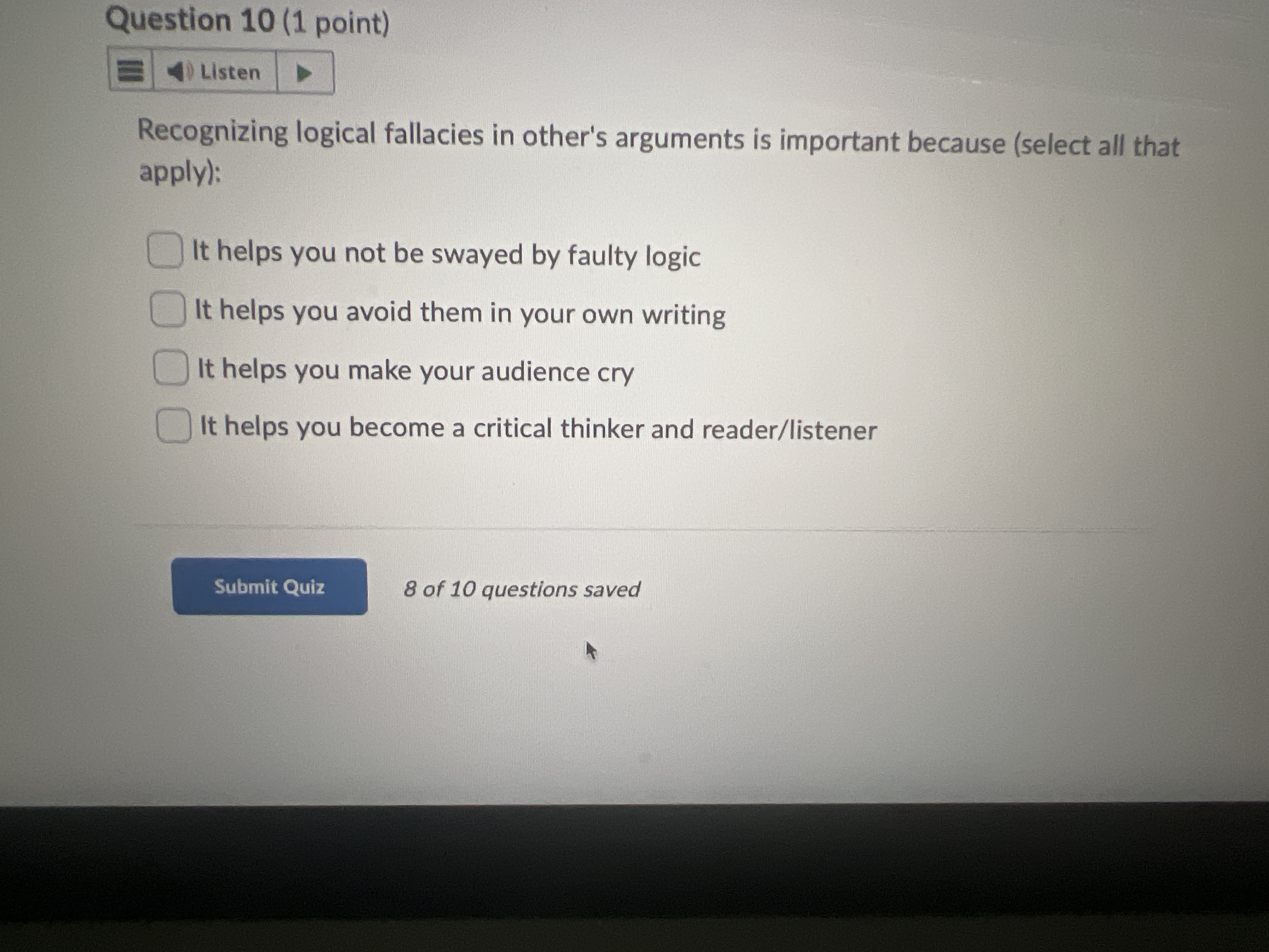 Solved Question 10 (1 ﻿point)Recognizing logical fallacies | Chegg.com