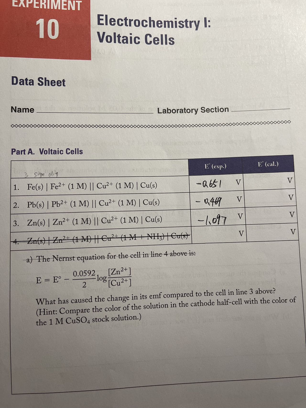 Solved electrochemistry I: Voltaic Cells report | Chegg.com