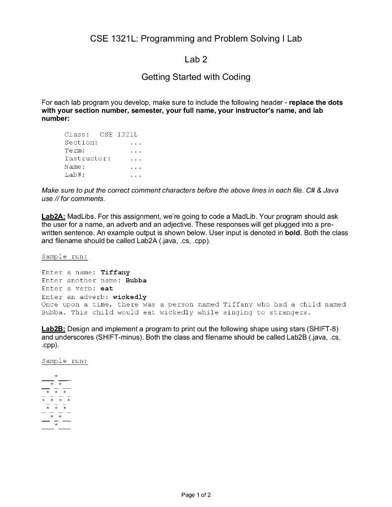 Solved CSE 1321L: Programming and Problem Solving I Lab Lab | Chegg.com