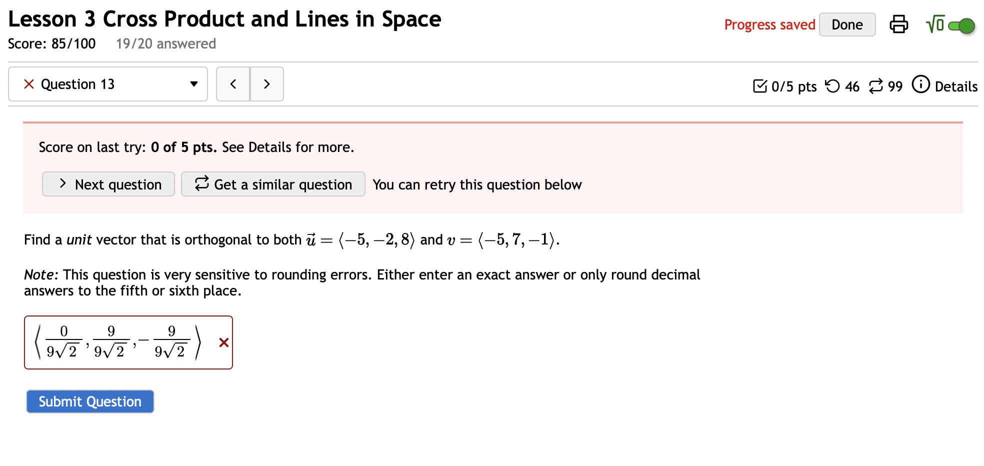 Solved Lesson 3 Cross Product and Lines in Space Score: | Chegg.com
