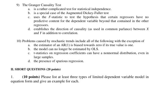 Solved 9) The Granger Causality Test a. is a rather | Chegg.com