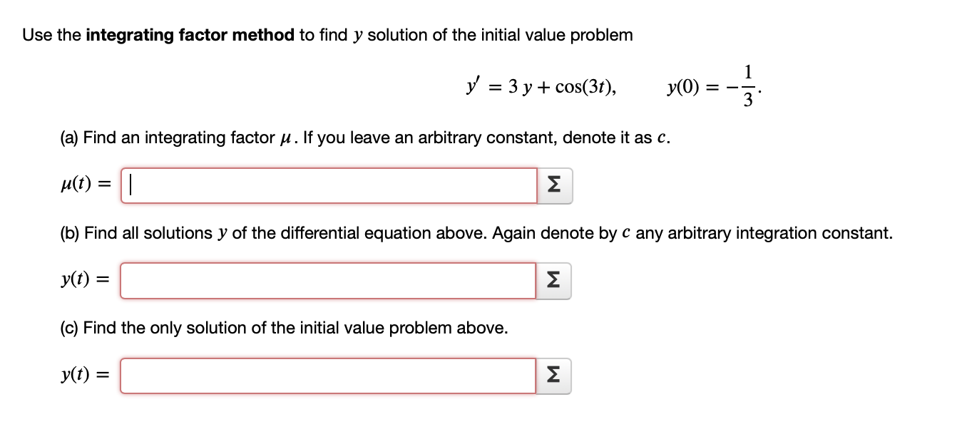 Solved Use the integrating factor method to find y solution | Chegg.com
