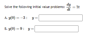 Solved Solve the following initial value problems: dtdy=7t | Chegg.com