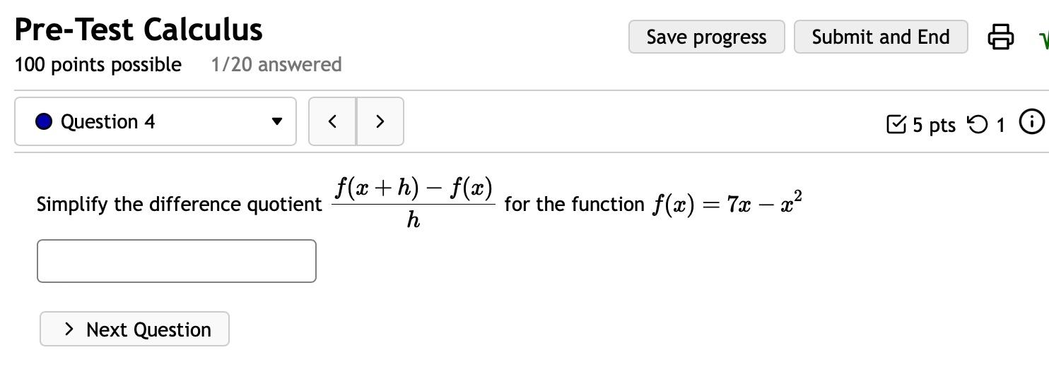 Solved Pre-Test Calculus 100 points possible 1/20 answered | Chegg.com