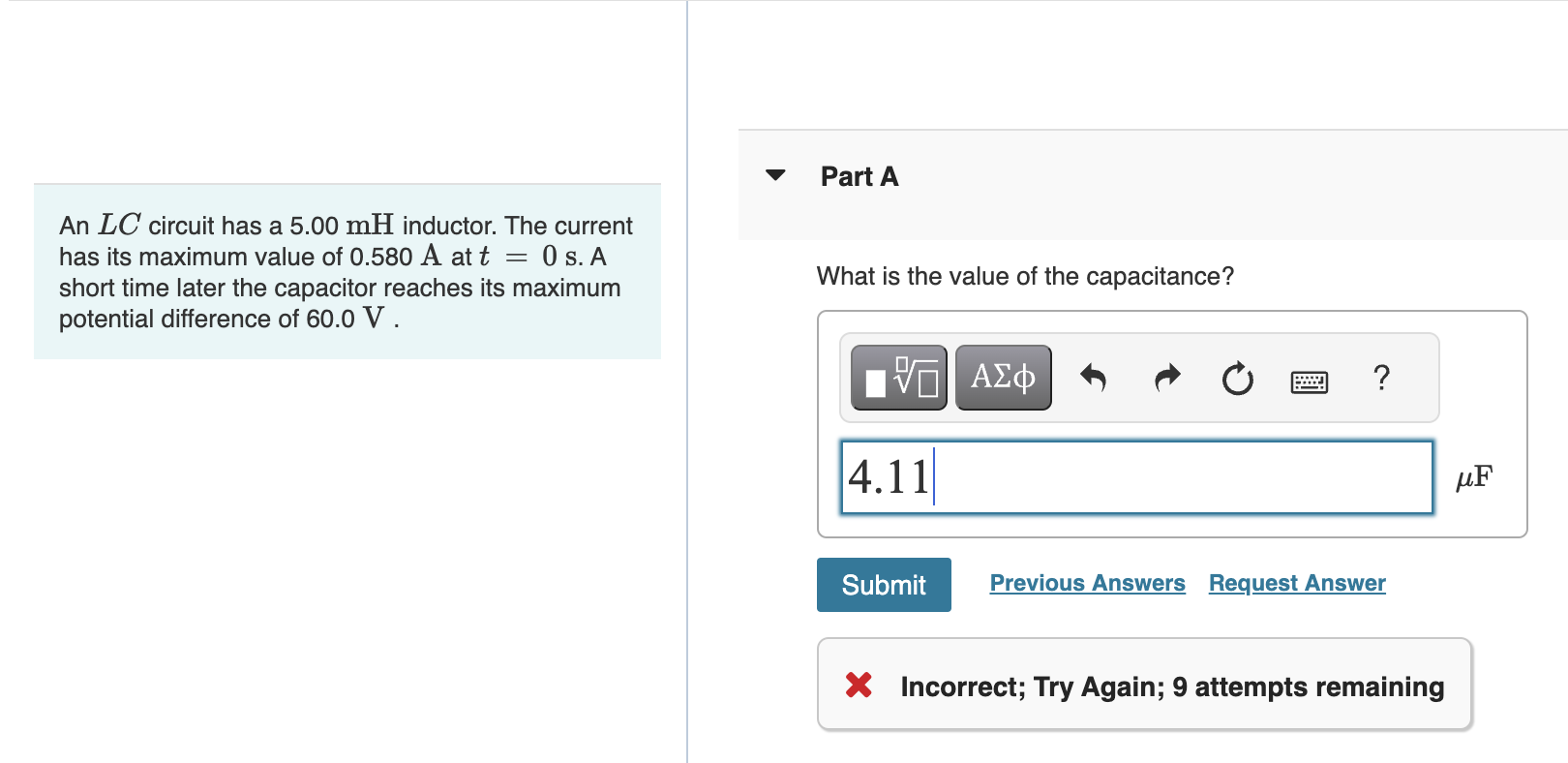 Solved An LC circuit has a 5.00mH inductor. The current has | Chegg.com