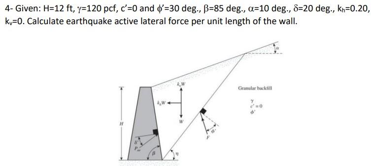 Solved 4- Given: H=12ft,γ=120 pcf, c′=0 and ϕ′=30 deg., β=85 | Chegg.com