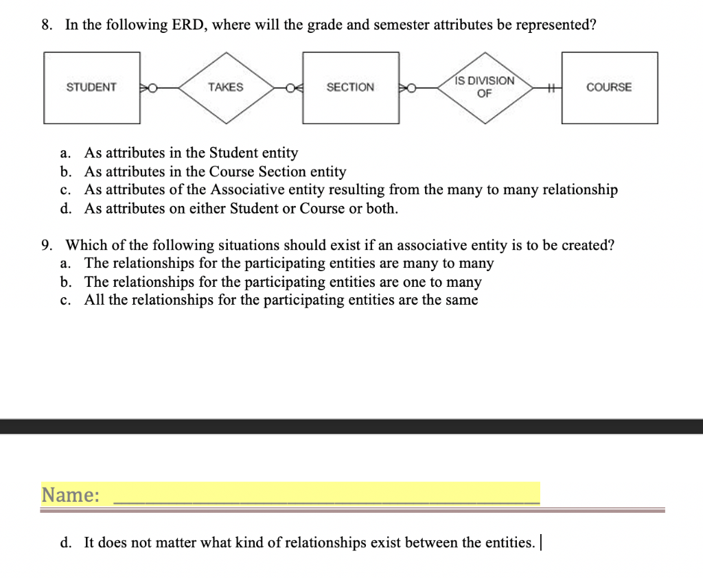 Solved 8. In the following ERD, where will the grade and | Chegg.com