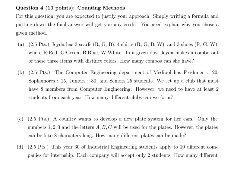 Solved Question 4 (10 points): Counting Methods For this | Chegg.com