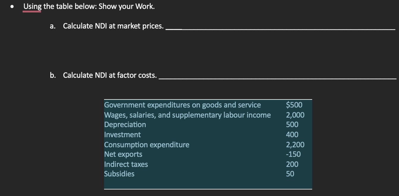 Solved Using the table below: Show your Work.a. ﻿Calculate | Chegg.com