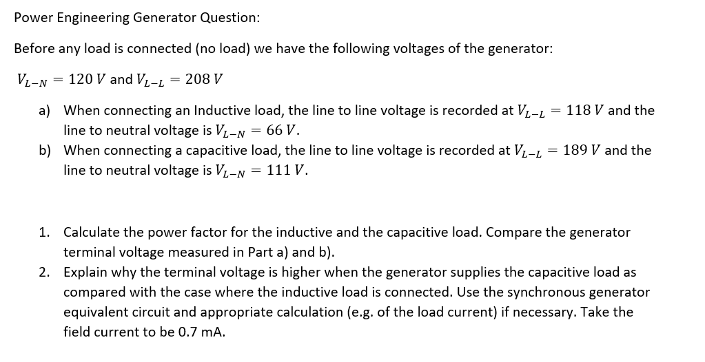 Solved Power Engineering Generator Question: Before any load | Chegg.com