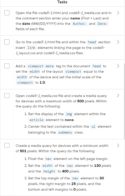 Solved Complete each task listed. Each task contains | Chegg.com