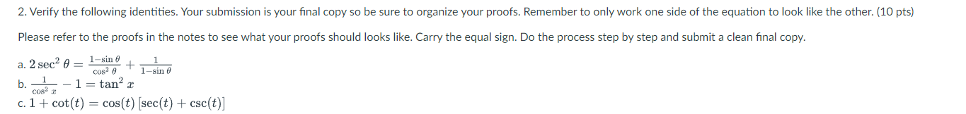 Solved 2. Verify the following identities. Your submission | Chegg.com