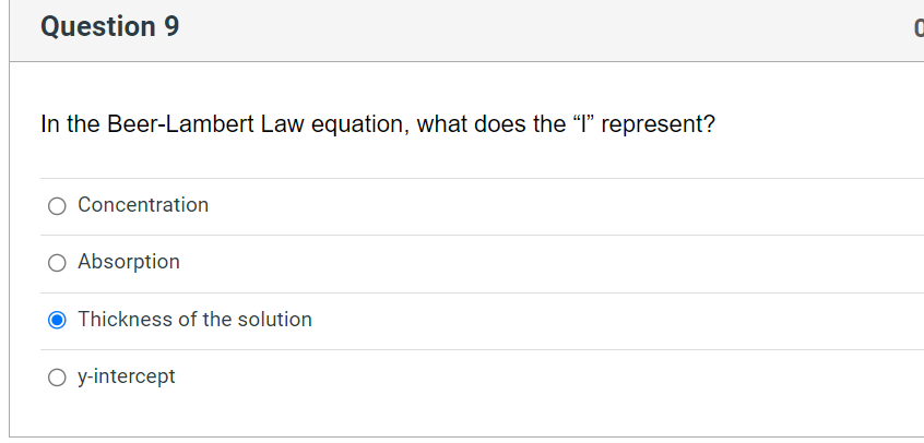 Solved In the Beer-Lambert Law equation, what does the "l" | Chegg.com