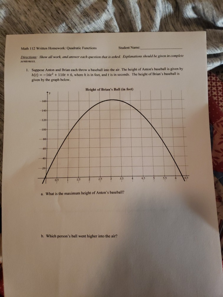 Solved Math 112 Written Homework: Quadratic Functions | Chegg.com