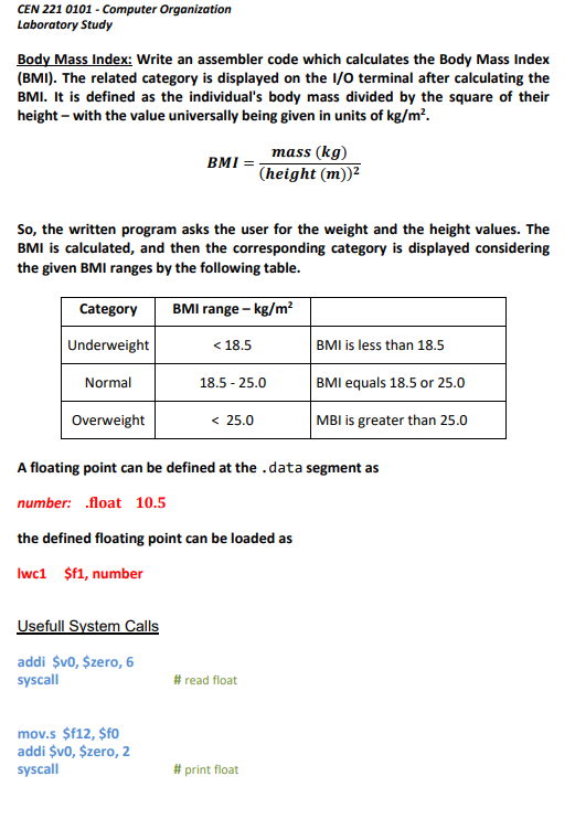 Solved Body Mass Index: Write an assembler code which | Chegg.com