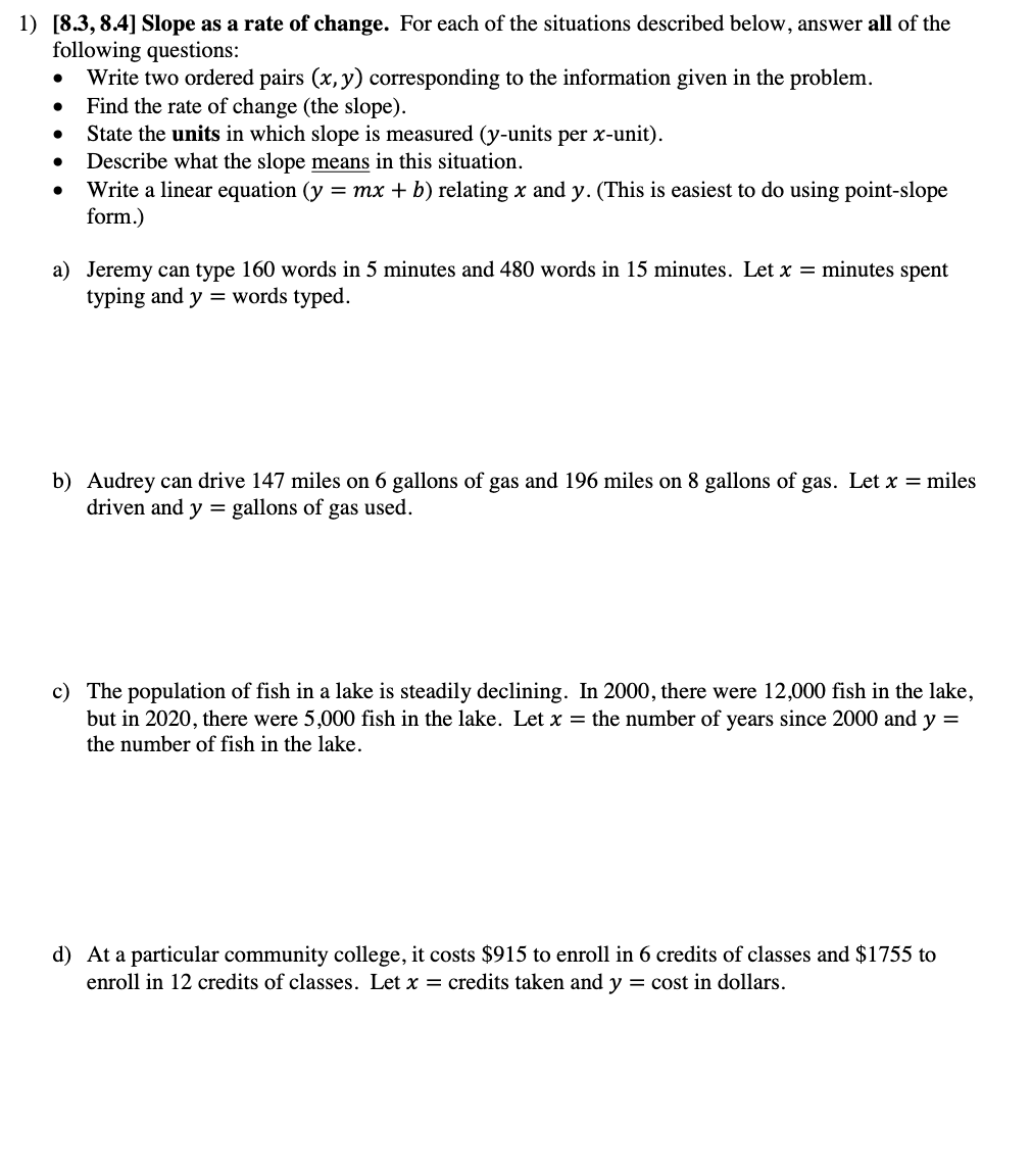 Solved . 1) [8.3, 8.4] Slope as a rate of change. For each | Chegg.com