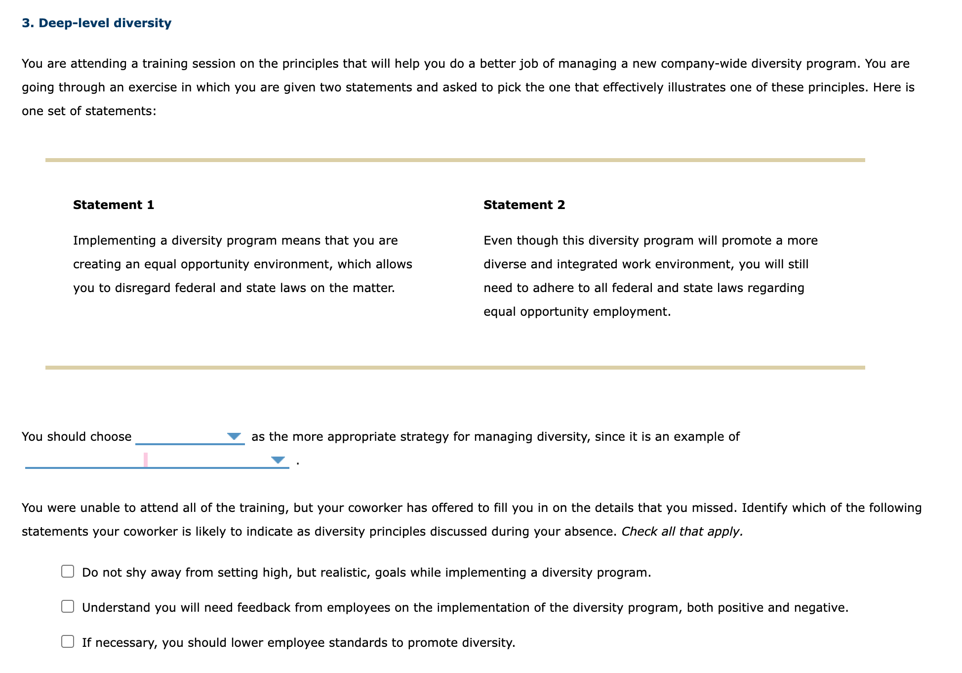 Solved Statement 1Implementing a diversity program means | Chegg.com