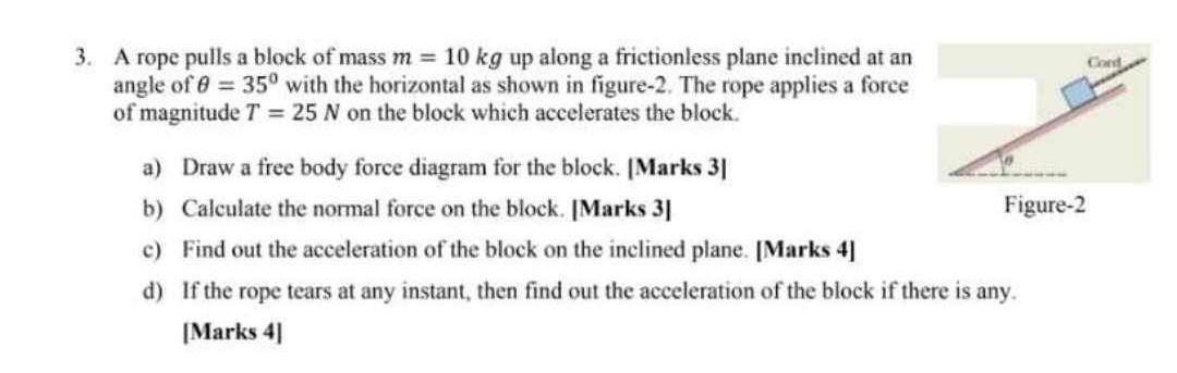 Solved 3. A rope pulls a block of mass m=10 kg up along a | Chegg.com