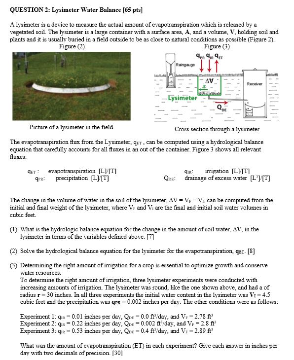 Solved QUESTION 2: Lysimeter Water Balance [65 pts] A | Chegg.com