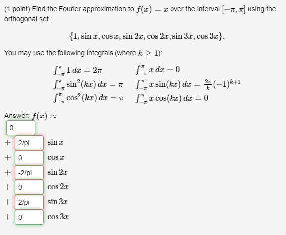 Solved (1 point) Find the Fourier approximation to f(x) = x | Chegg.com