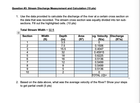 Solved Question #3: Stream Discharge Measurement and | Chegg.com