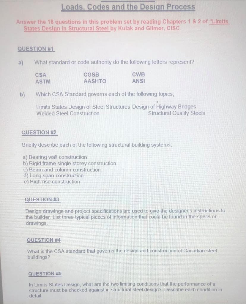 Solved Loads, Codes and the Design Process Answer the 18 | Chegg.com