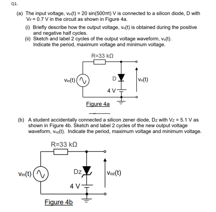Solved Q1.(a) ﻿The input voltage, Vin(t)=20sin(500πt)V is | Chegg.com